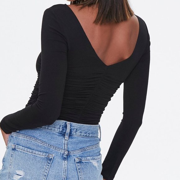 Tops | Black Ruched Long Sleeve Crop Top | Poshmark